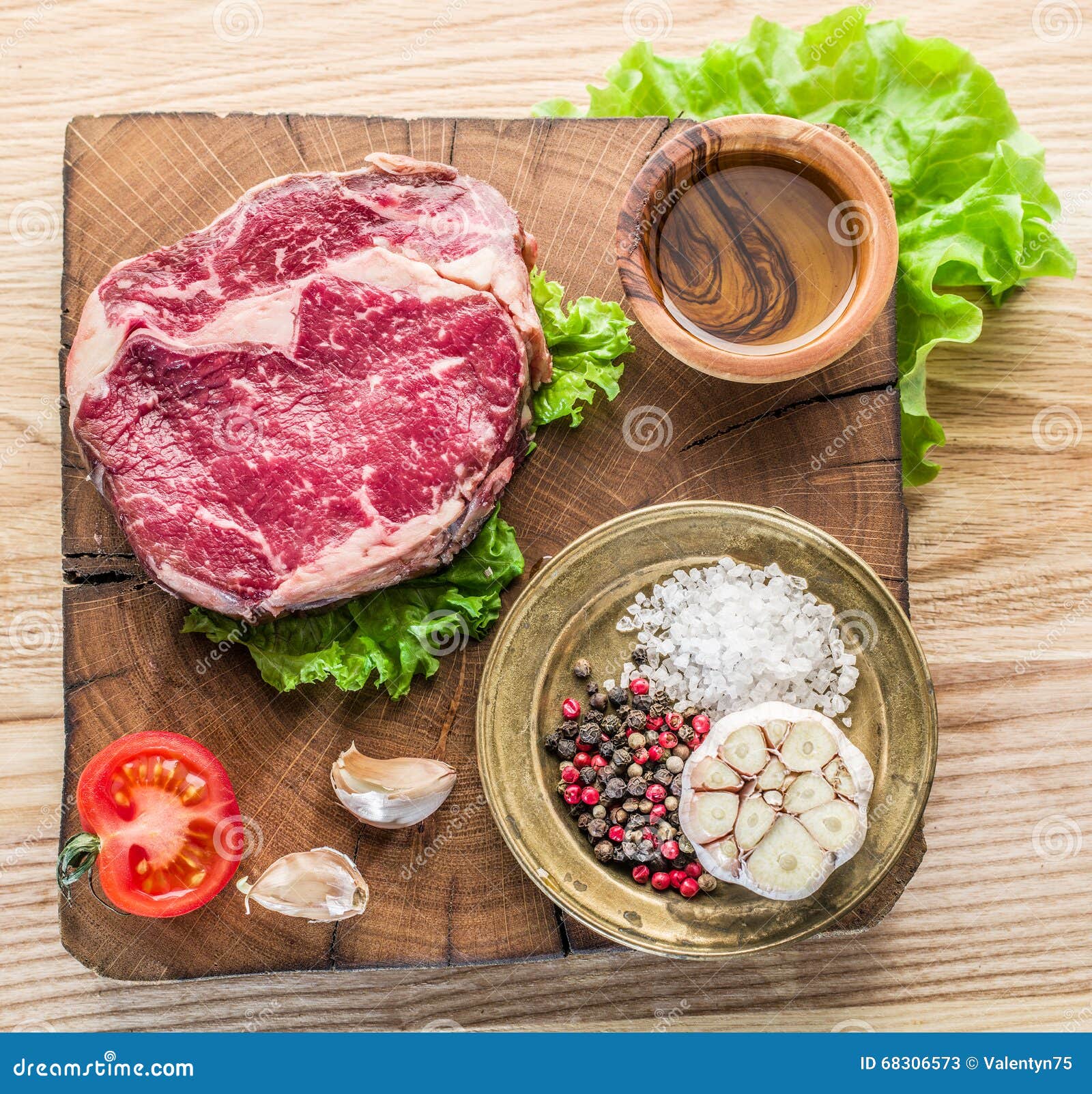Steak Ribeye. stock image. Image of green, dinner, garlic - 68306573