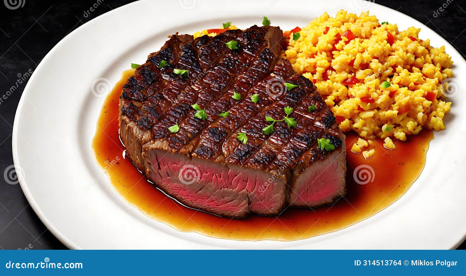 Steak with Rice and Sauce on a Plate Stock Photo - Image of dining ...