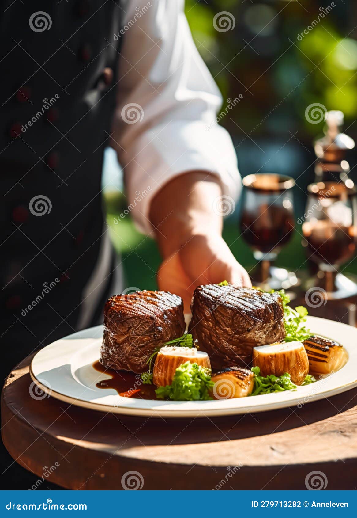 Steak Served by a Waiter at a Luxury Event Outdoors, Fine Dining, Post ...