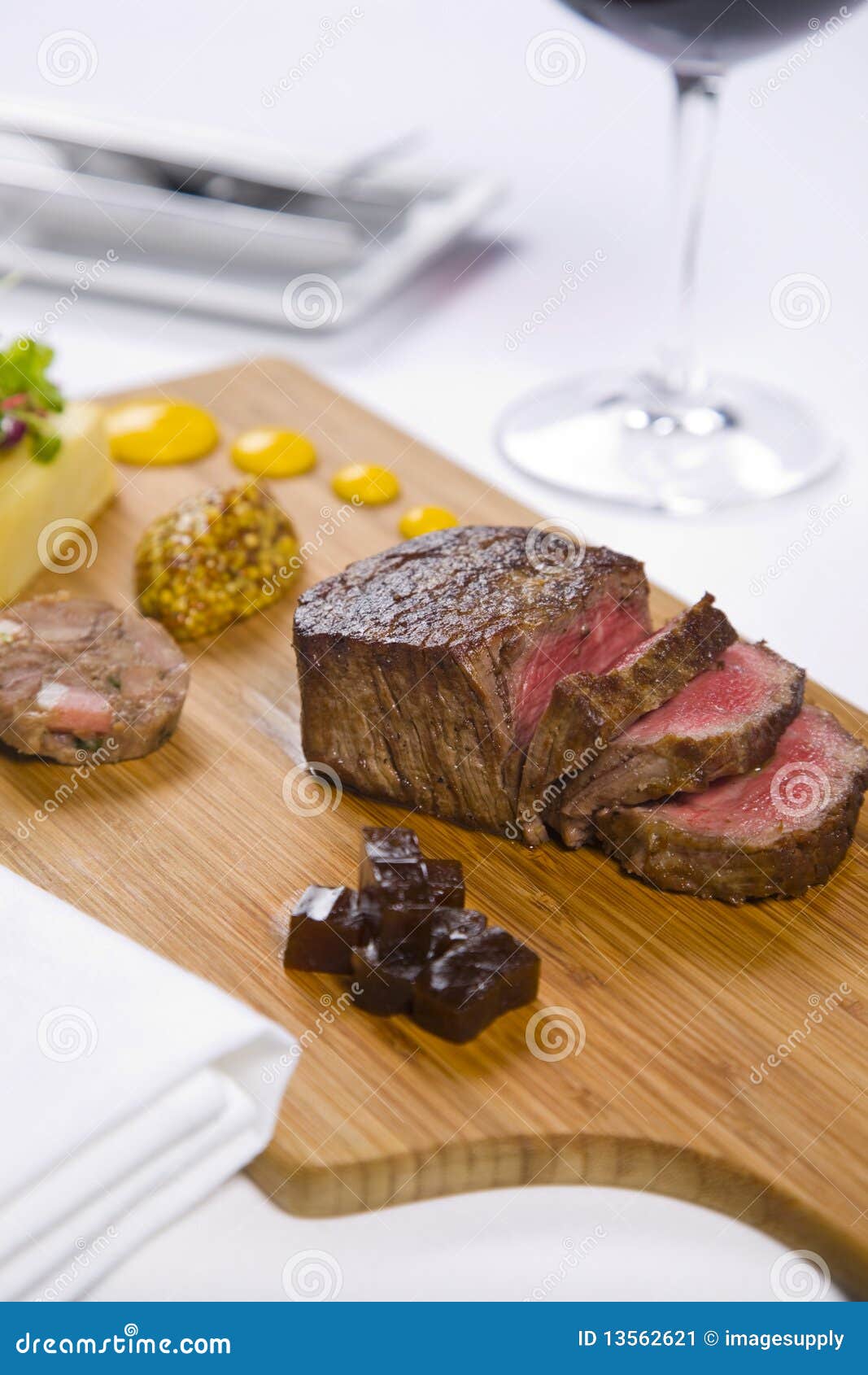 Steak Served on Wooden Tray with Condiments Stock Image - Image of meat ...
