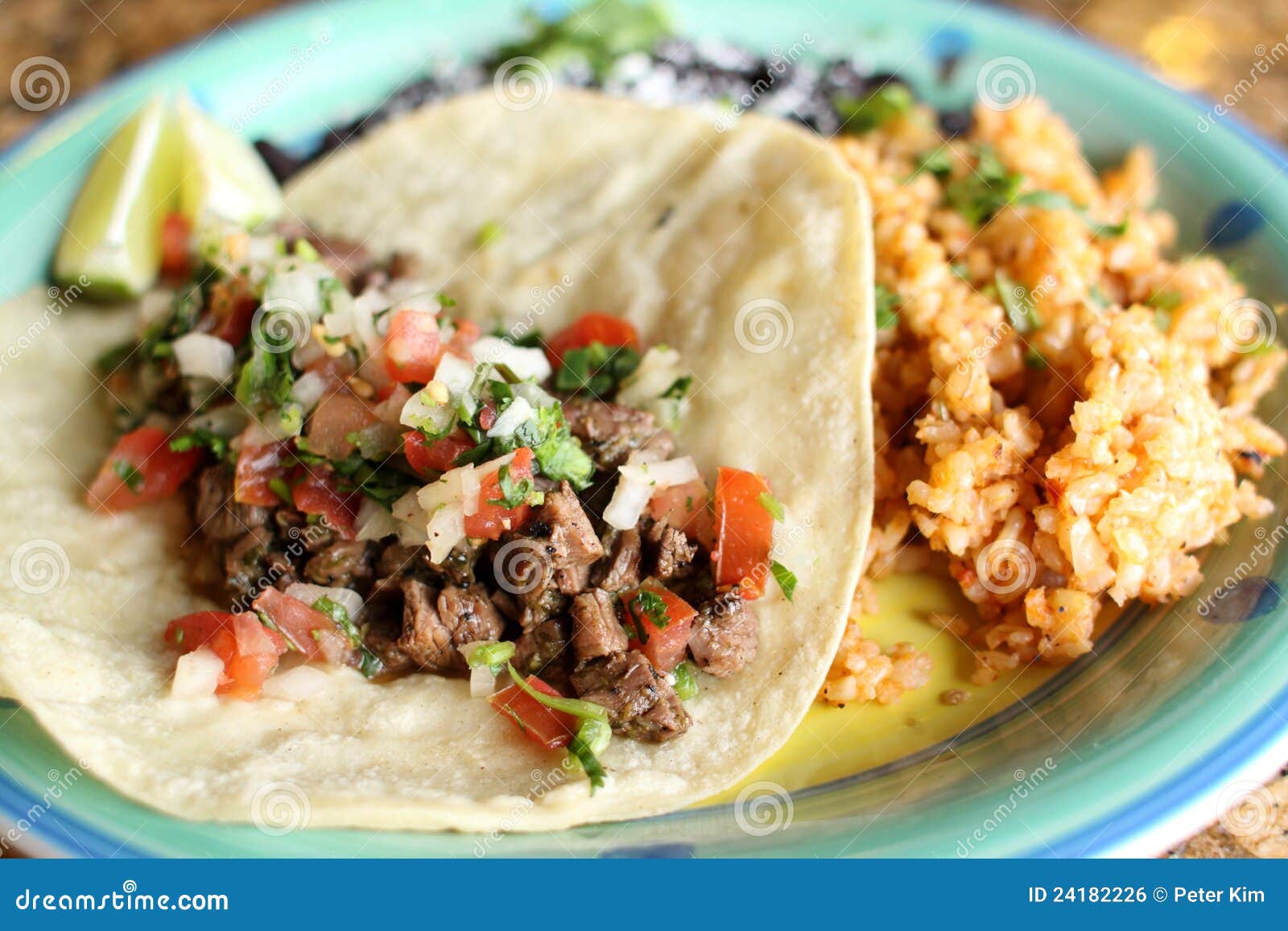 Steak Soft Taco with Beans and Rice Stock Photo - Image of restaurant ...