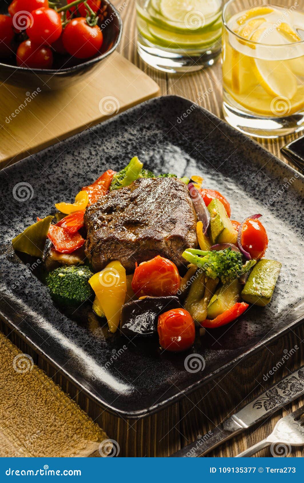 Steak with Vegetables Flambe. Stock Image - Image of meat, cooking ...