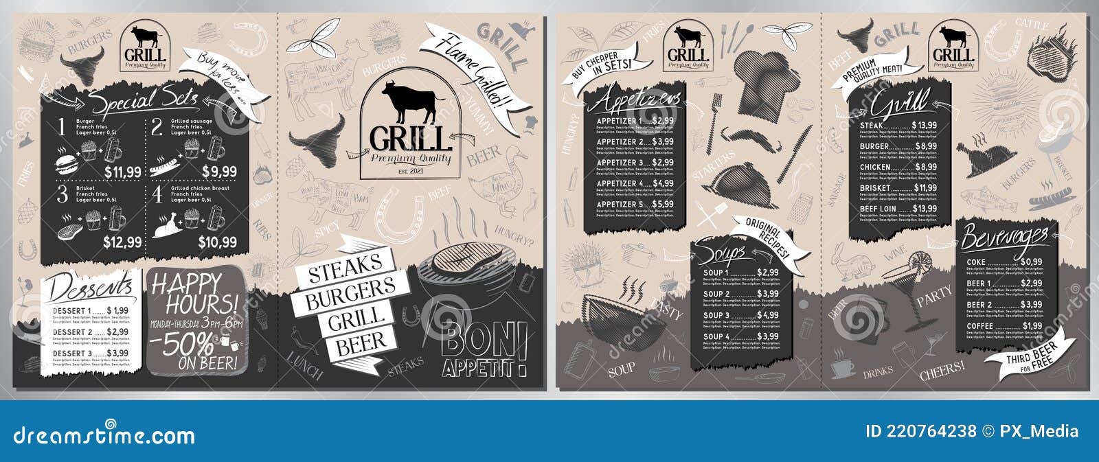 Steakhouse, Grill Menu Template - A4 Card Cartoon Vector ...