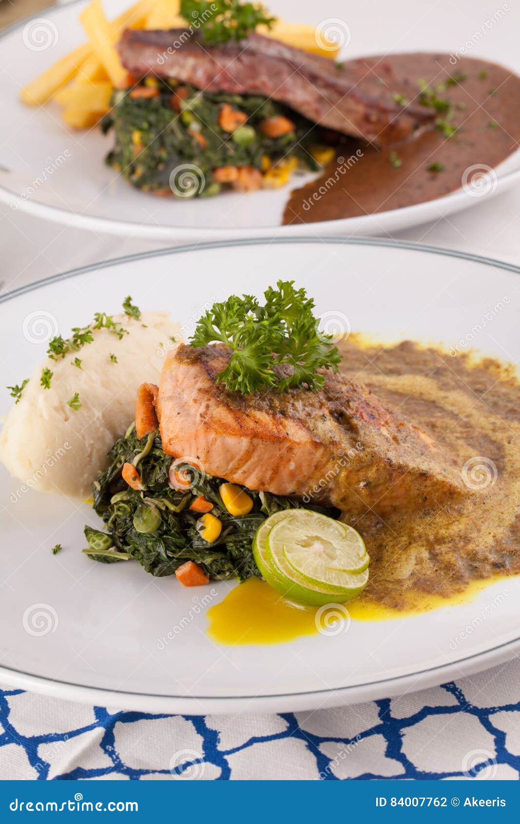 Steaks decor stock photo. Image of fork, food, mashed - 84007762