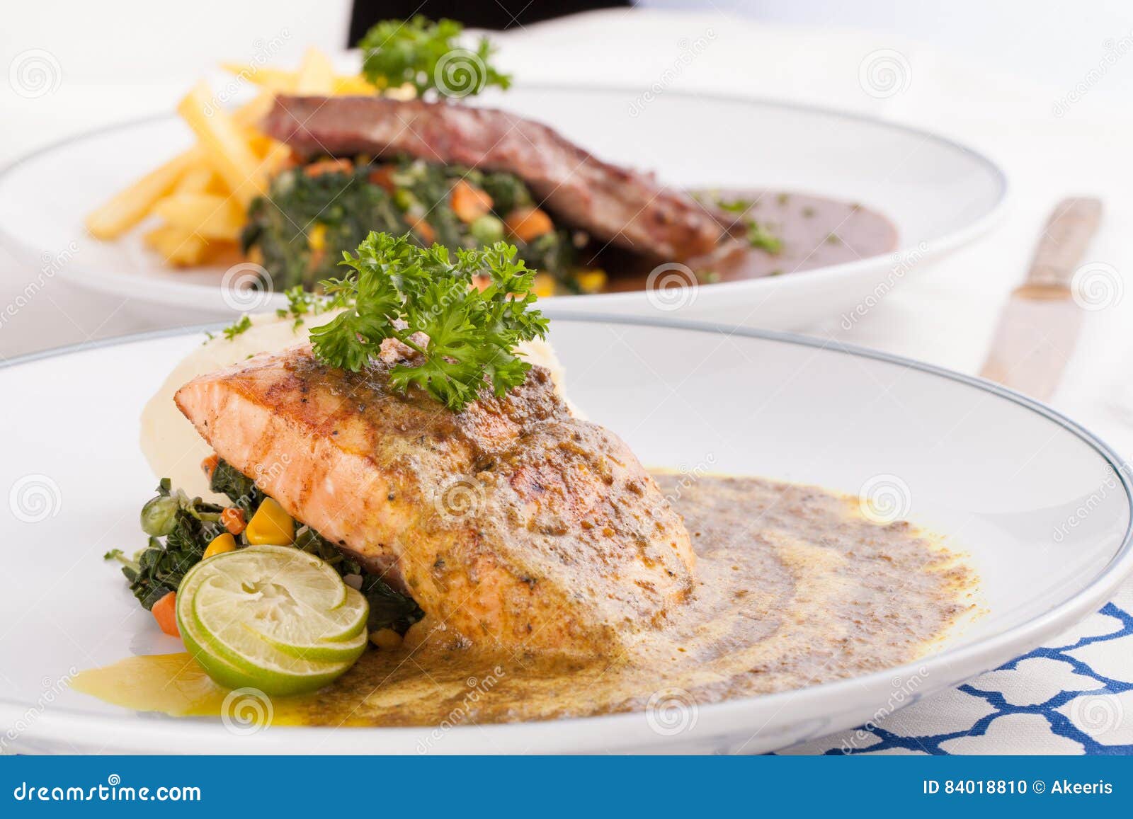 Steaks decor stock photo. Image of food, lemon, fish - 84018810