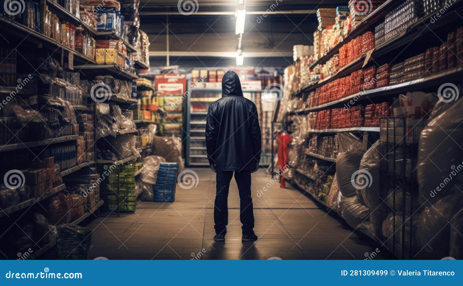 A Stealthy Thief, Seen from Behind, Navigates a Store, Ready Stock ...