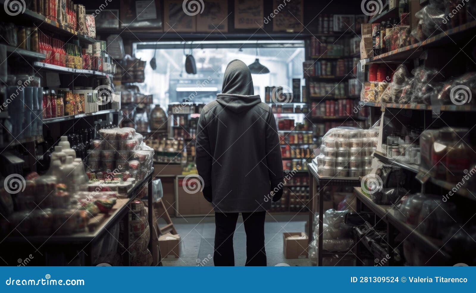 A Stealthy Thief, Seen from Behind, Navigates a Store, Ready Stock ...