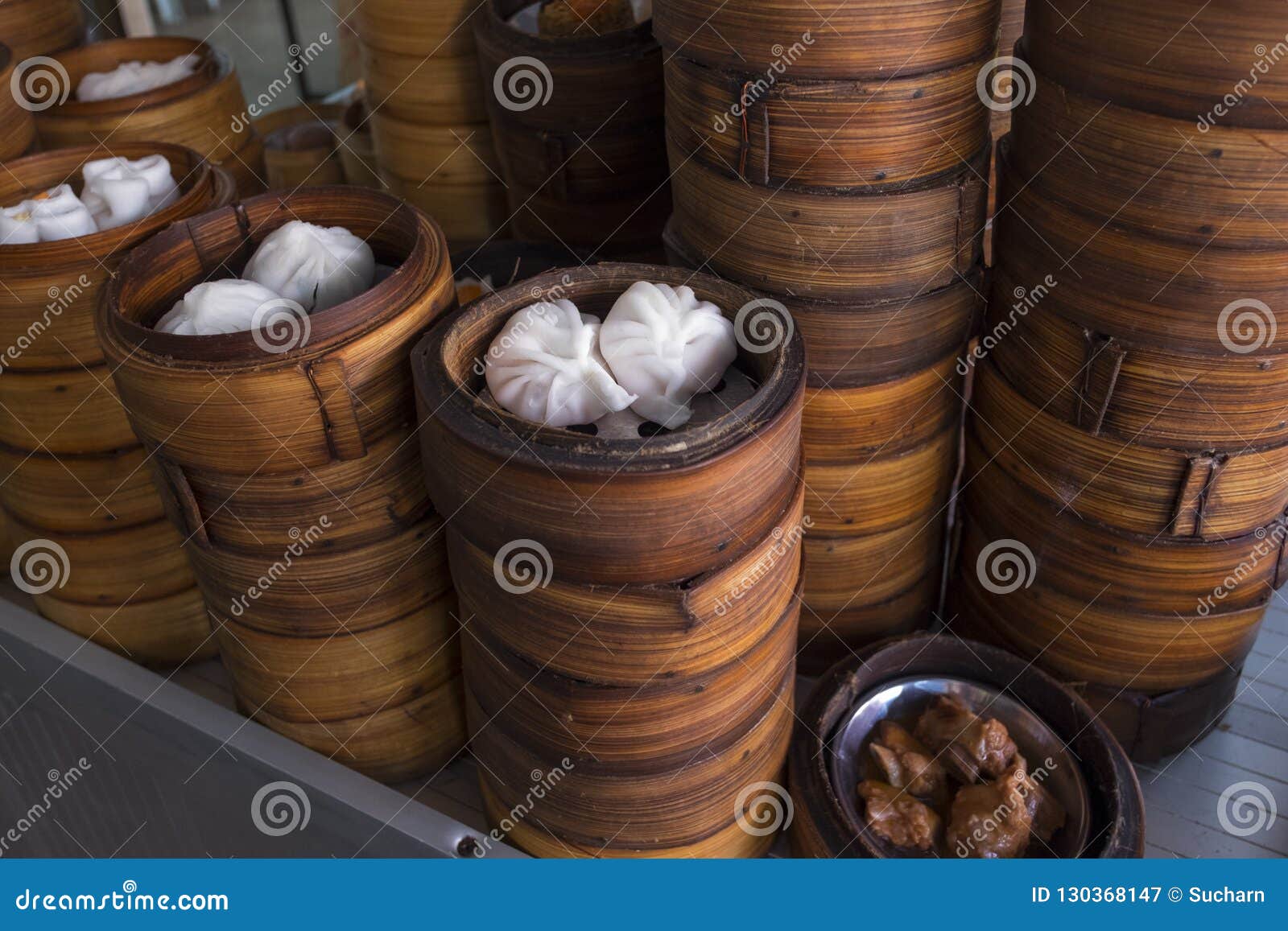 Steam Buns in Bamboo Container for Choose by Customer in Dim Sum Stock ...