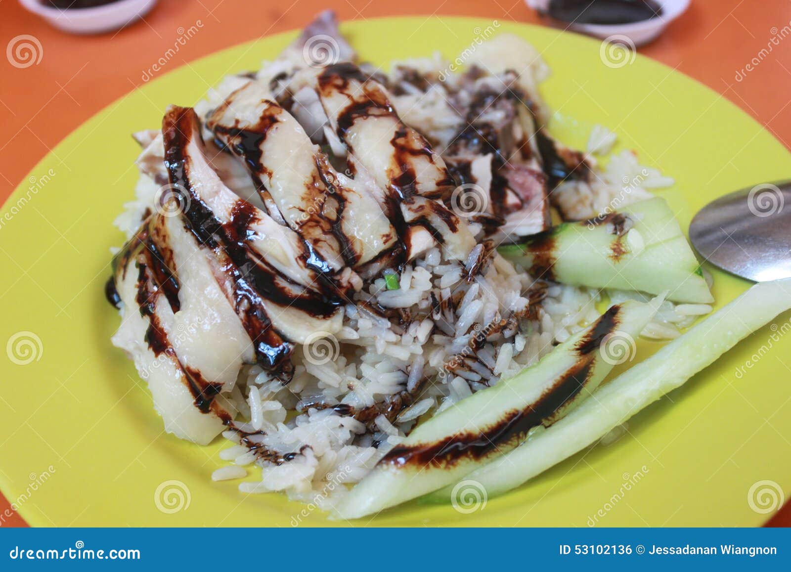 Steam Chicken With Rice Or Hainanese Chicken Rice. Close Up Shot Stock ...
