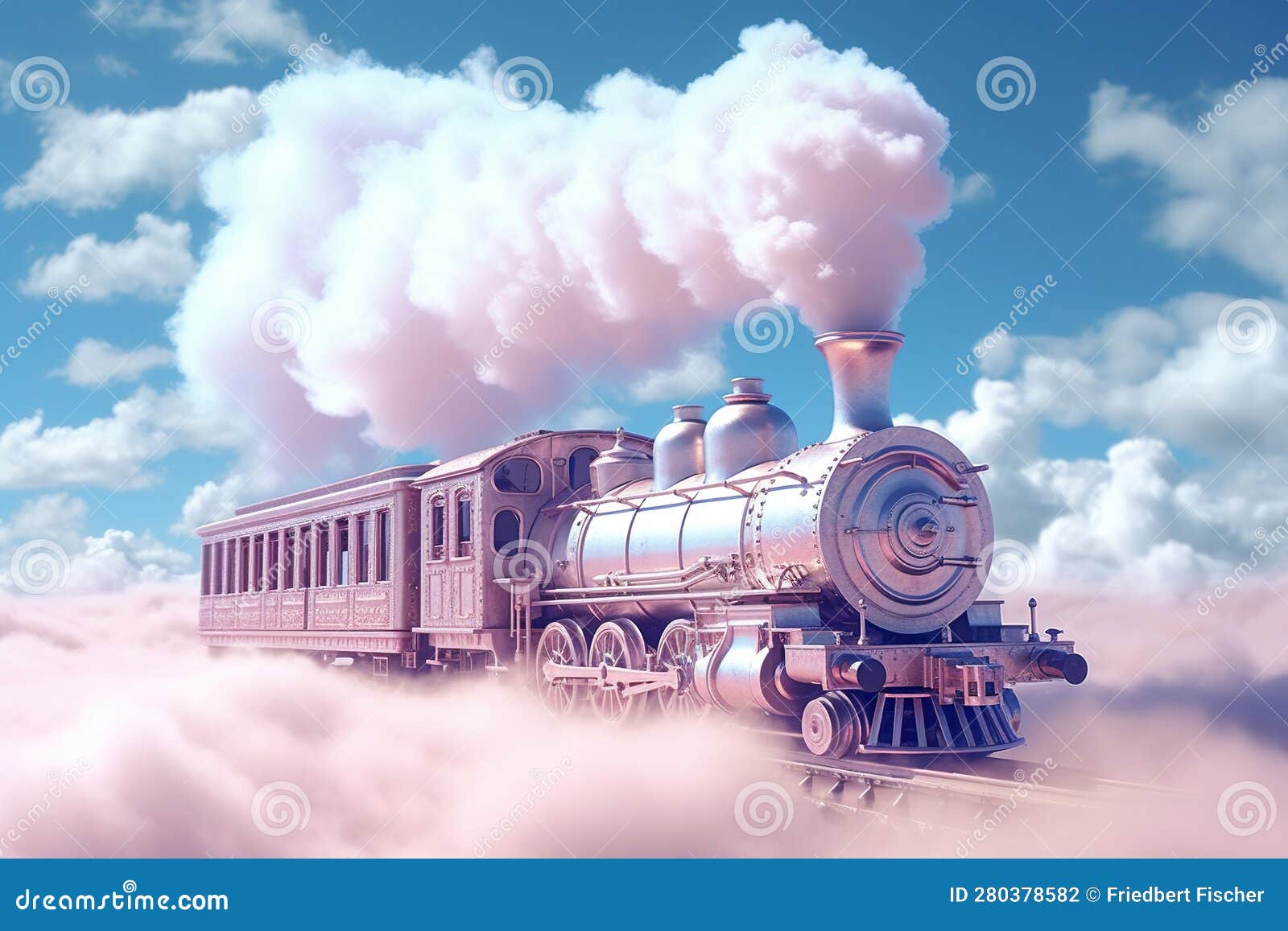 A Steam Engine Train Traveling through a Cloud Filled Sky. Generative ...