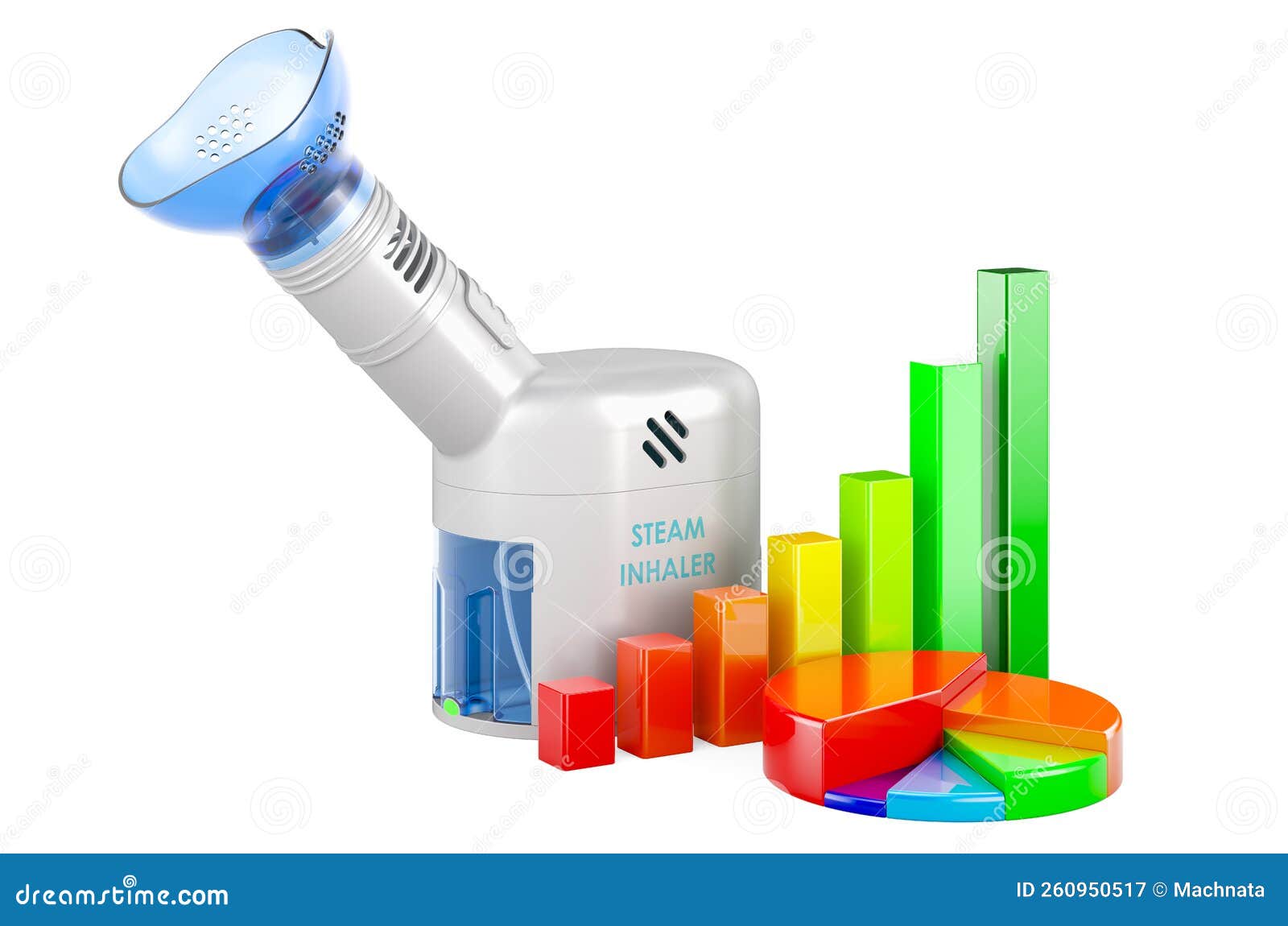 Steam Inhaler with Growth Bar Graph and Pie Chart, 3D Rendering Stock ...