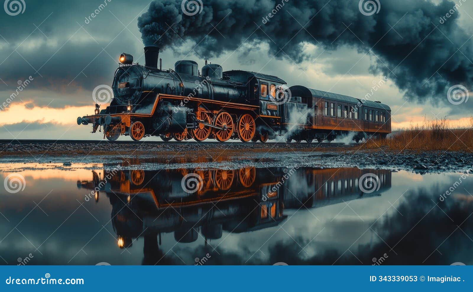 Steam Locomotive Chugging through a Dramatic Sky, Reflected in a Puddle ...