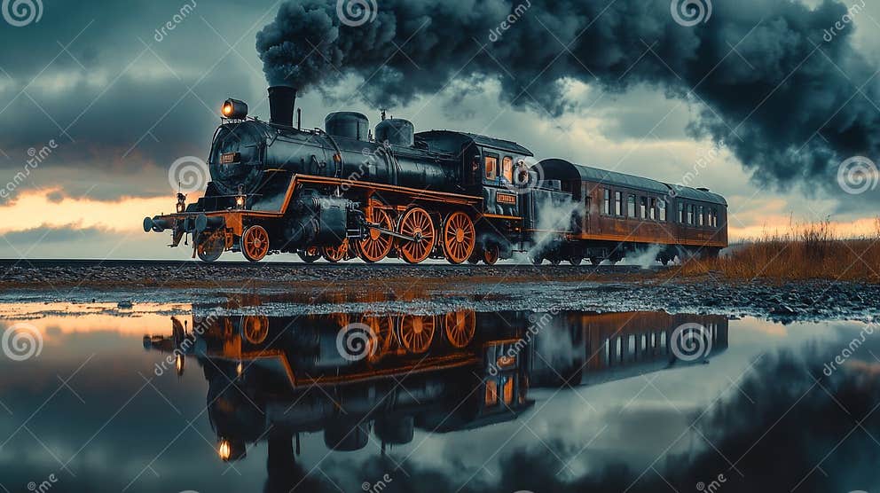 Steam Locomotive Chugging through a Dramatic Sky, Reflected in a Puddle ...
