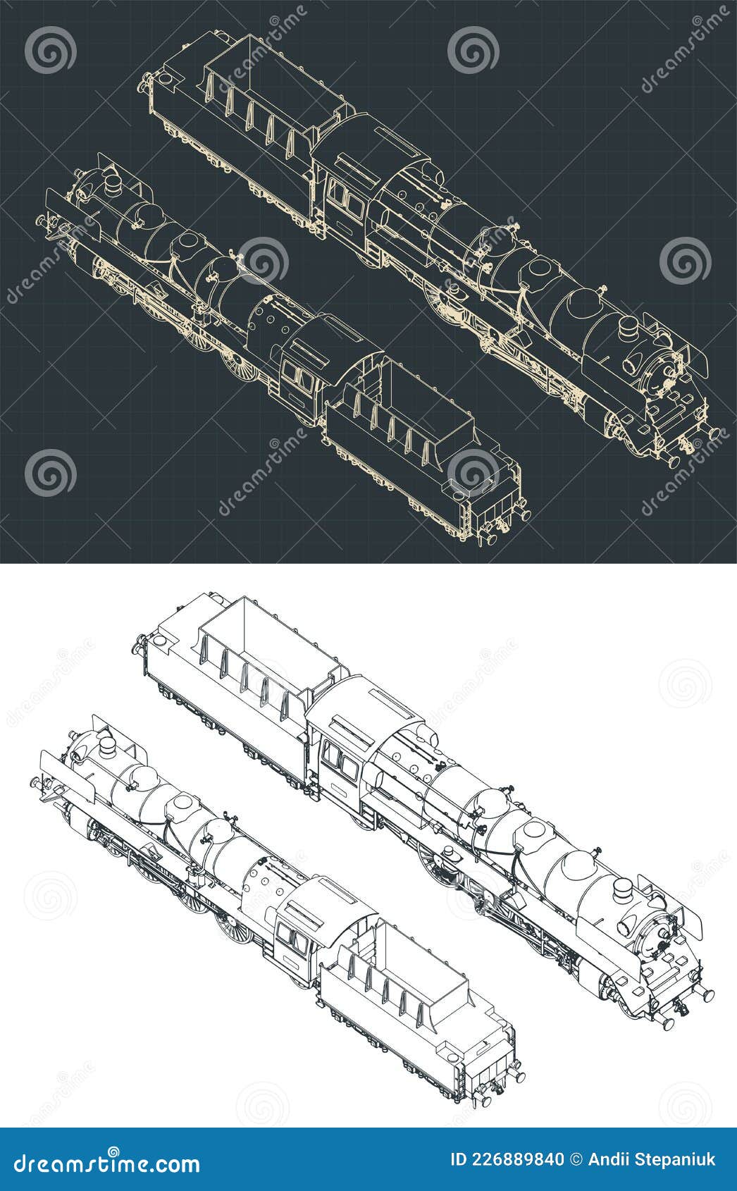 Steam Locomotive Isometric Blueprints Stock Vector - Illustration of ...