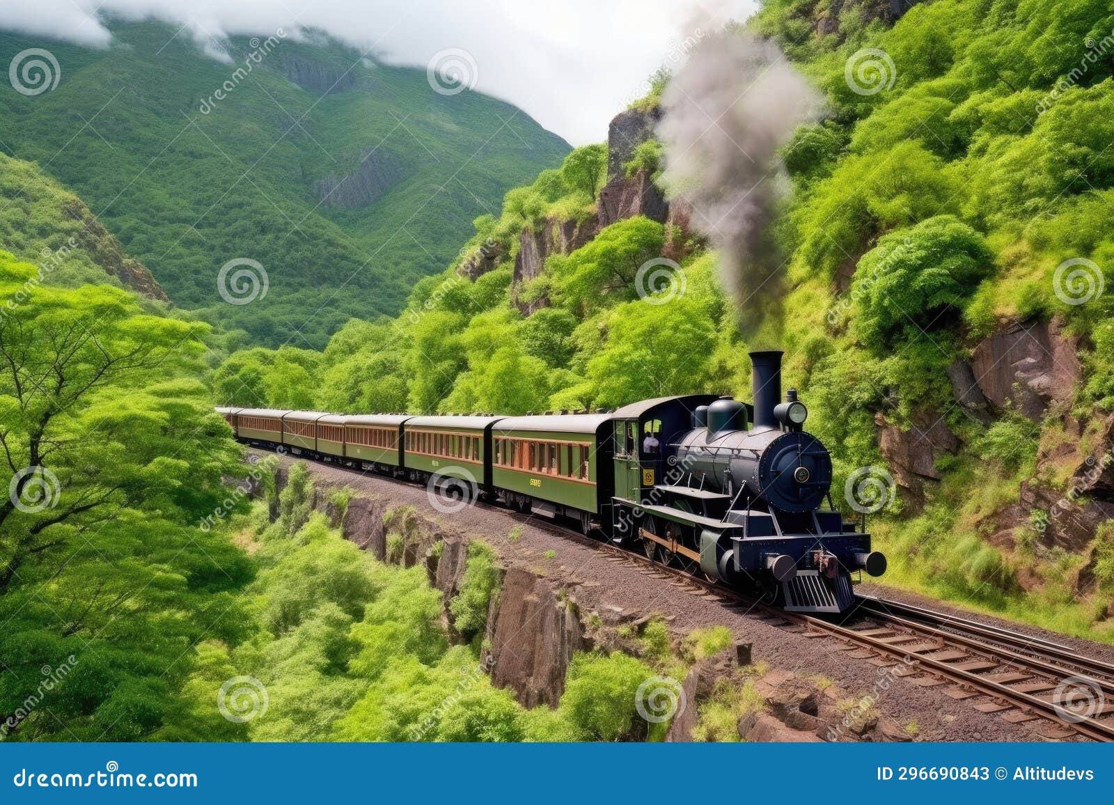 Steam Locomotive Pulling Carriages Around Mountain Bend Stock Image ...