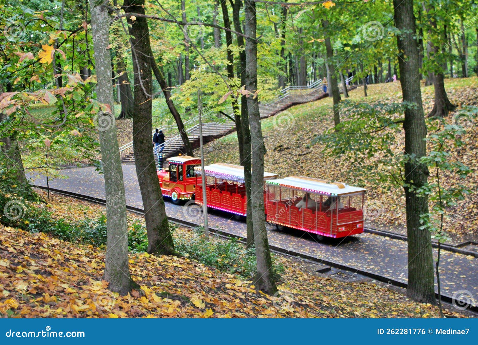 Steam Locomotive Rides Along the Path in the Park Stock Photo - Image ...