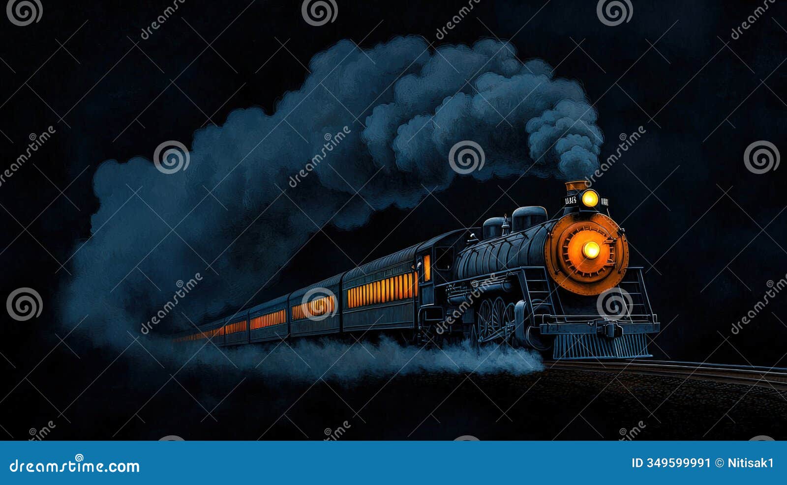 Steam Locomotive Train with Glowing Headlights in a Dark Environment ...