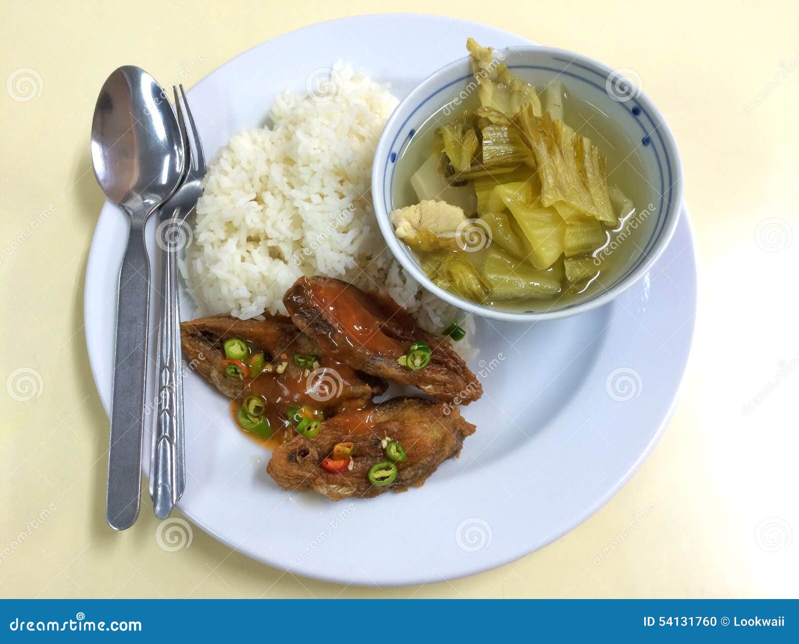 Steam Rice with Fried Fish, Boiled Vegetables Stock Photo - Image of ...