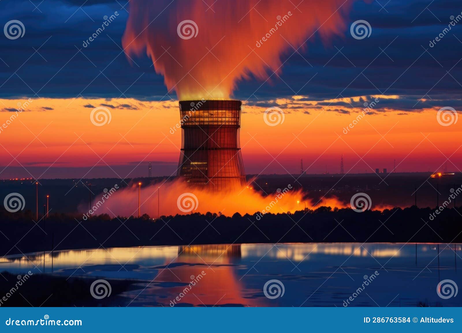 Steam Rising from Cooling Tower at Dusk Stock Illustration ...