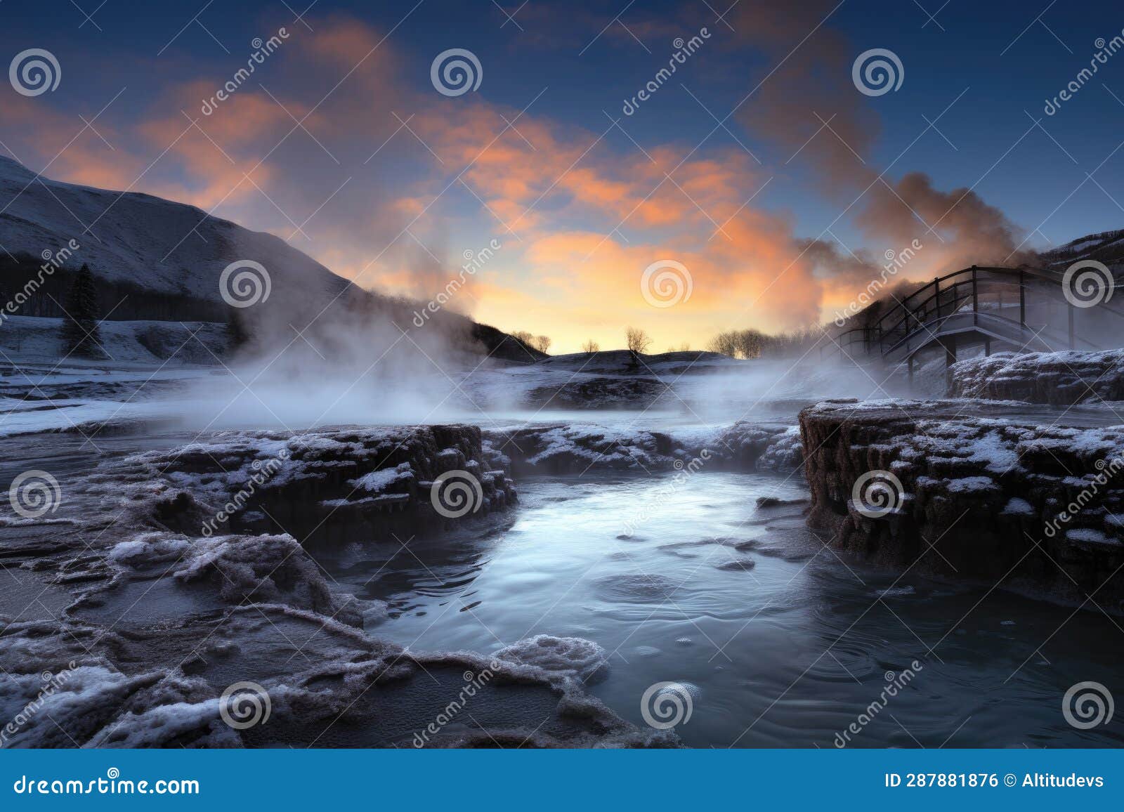Steam Rising from a Geothermal Hot Spring during Winter Stock Photo ...