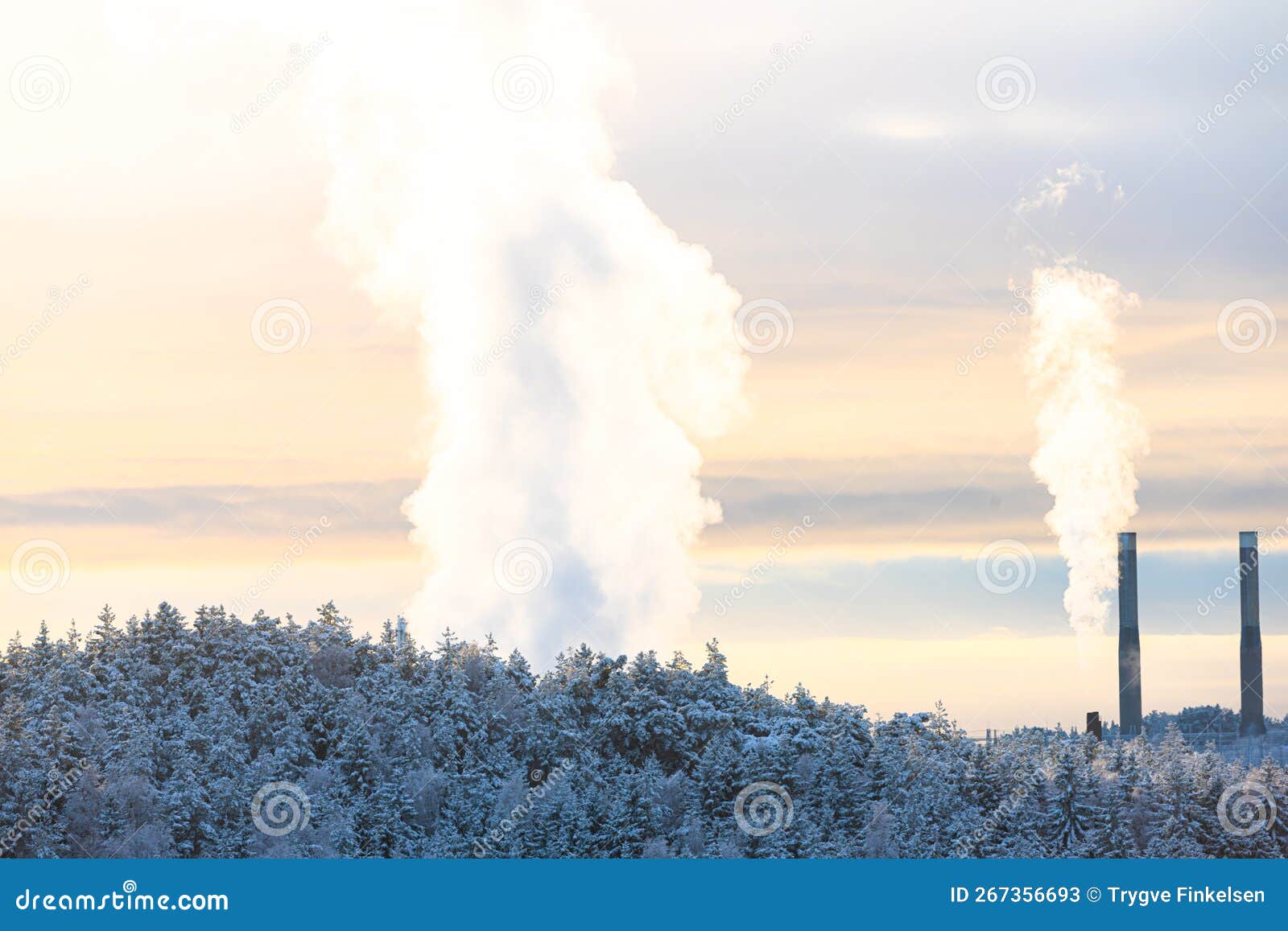 Steam Rising from Industry Behind Winter Forest.. Stock Image - Image ...