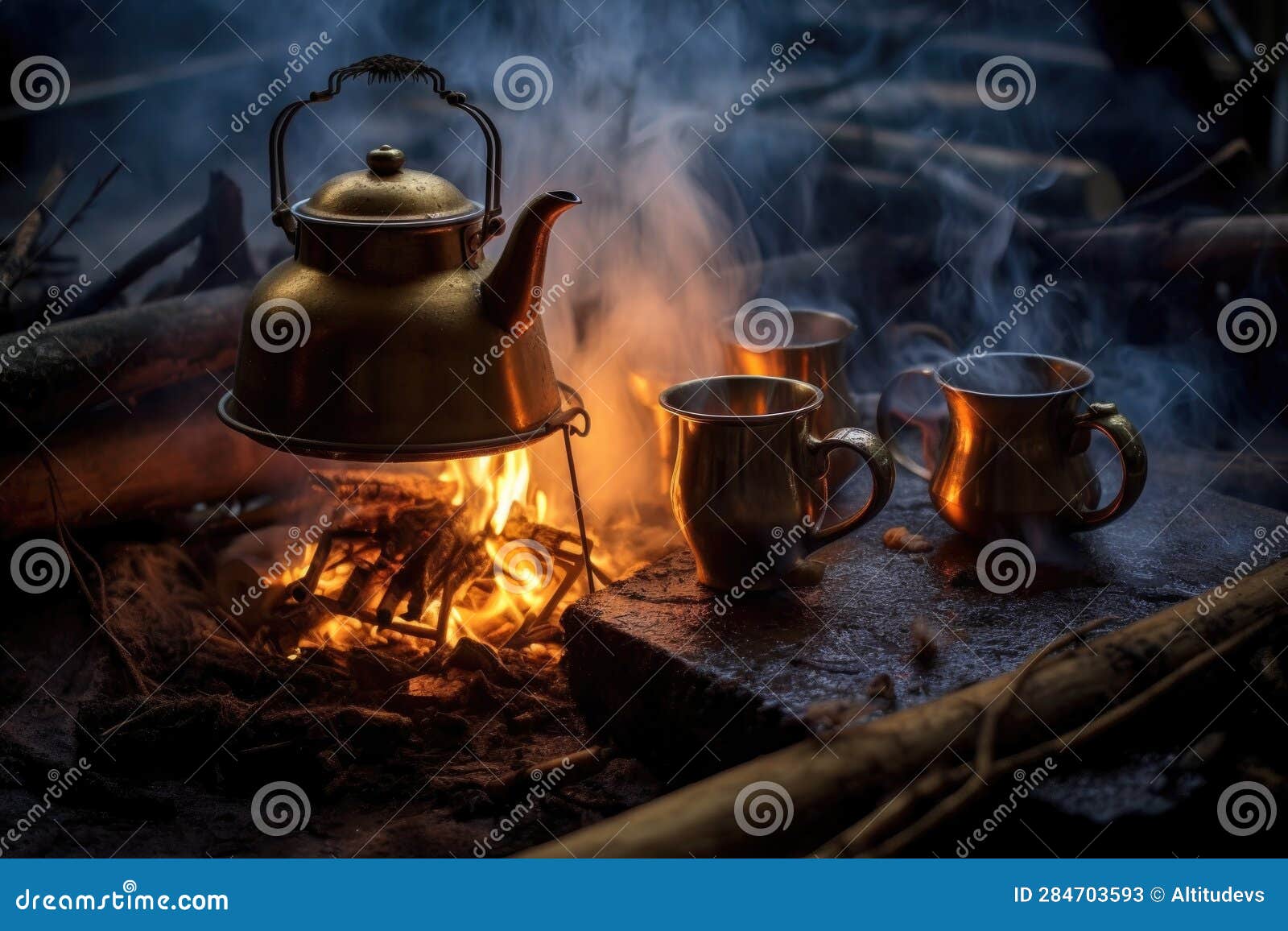 Steam Rising from a Kettle of Chai Tea Over a Roaring Campfire Stock ...