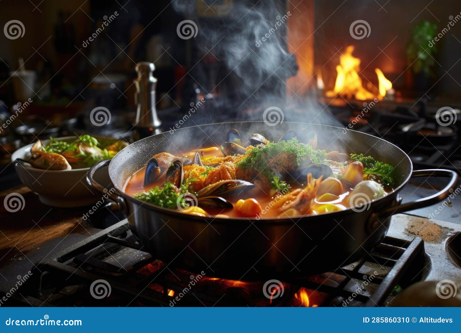 Steam Rising from Pot of Bouillabaisse Over Open Flame Stock Photo ...