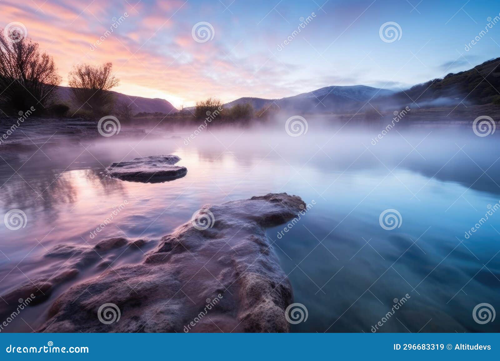 Steam Rising from a Tranquil Hot Spring at Dawn Stock Image - Image of ...