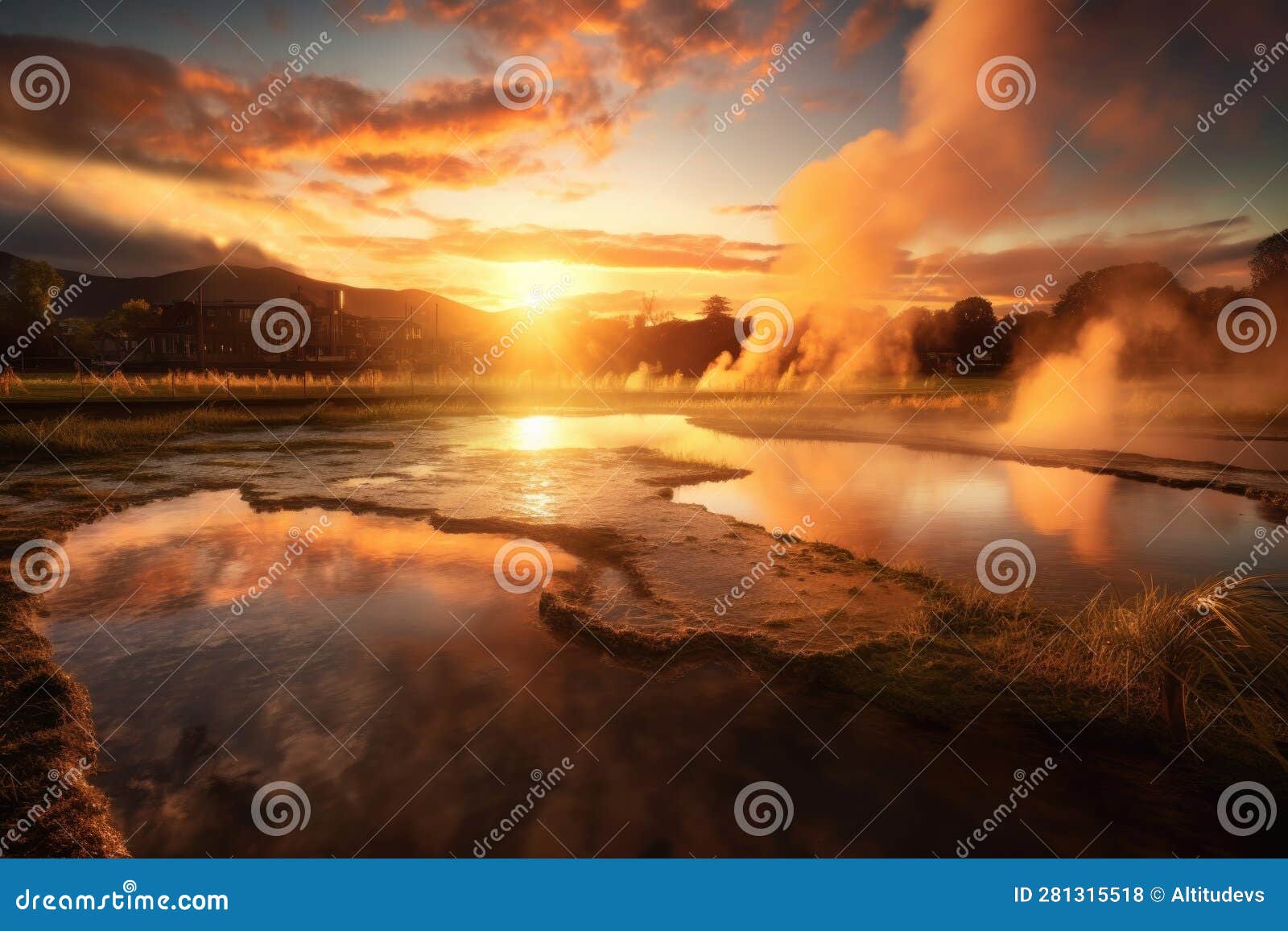 Steam Rising from Volcanic Hot Spring at Sunset Stock Illustration ...