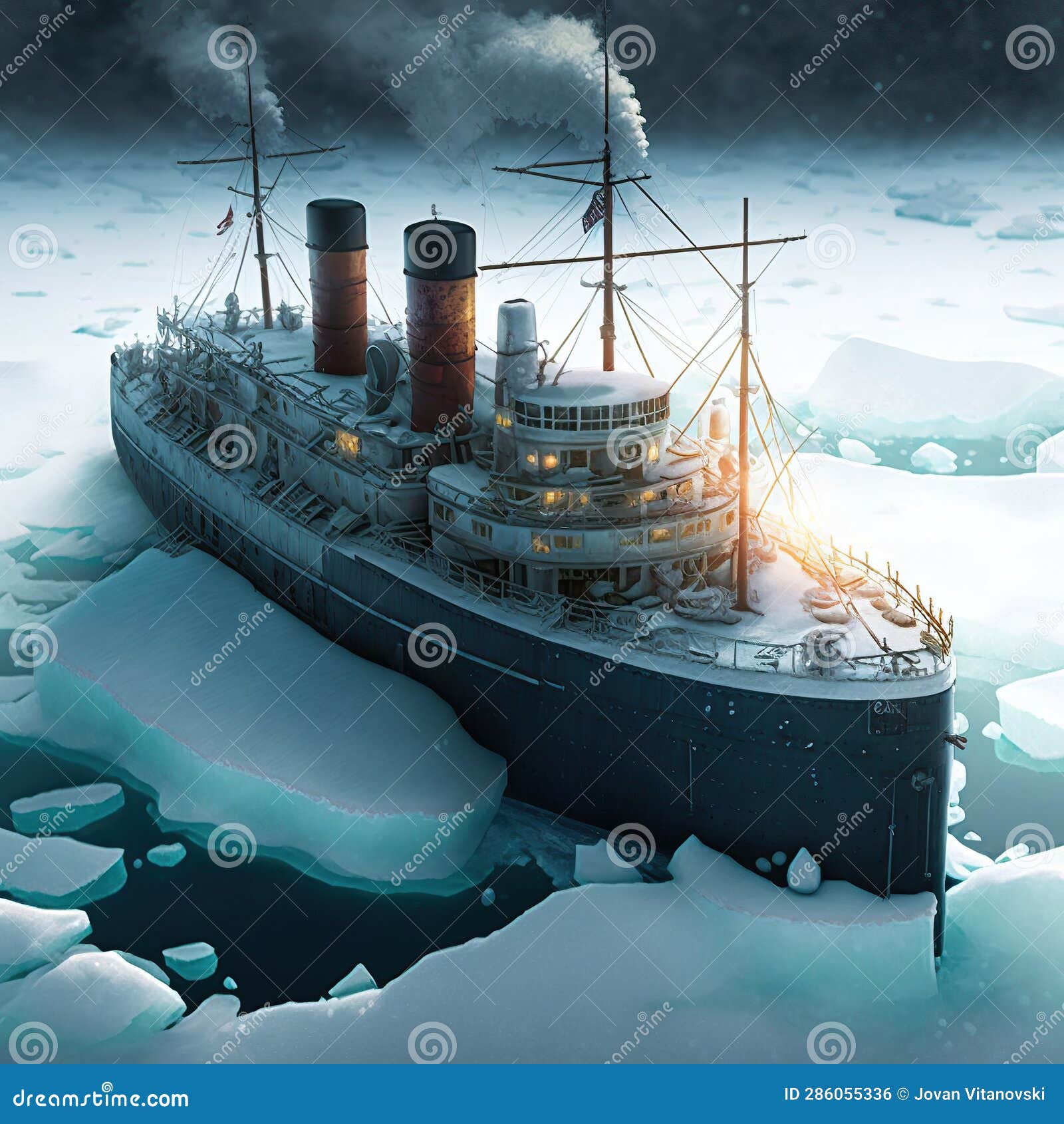 Steam Ship Stuck in the Ice Stock Illustration - Illustration of ...