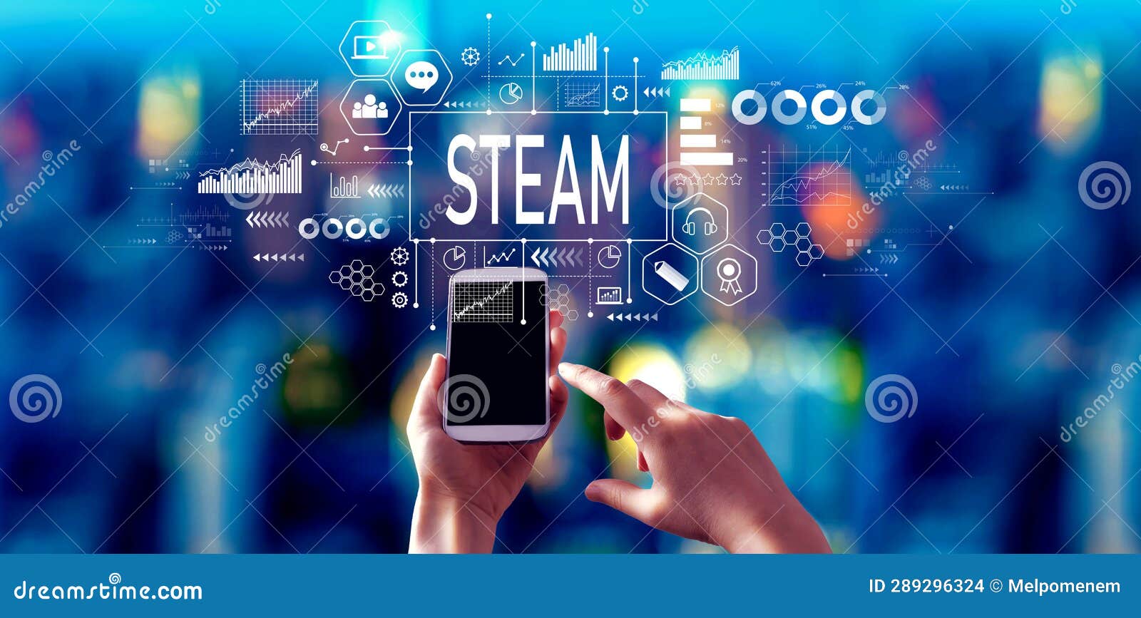 STEAM Theme with Person Using a Smartphone at Night Stock Photo - Image ...
