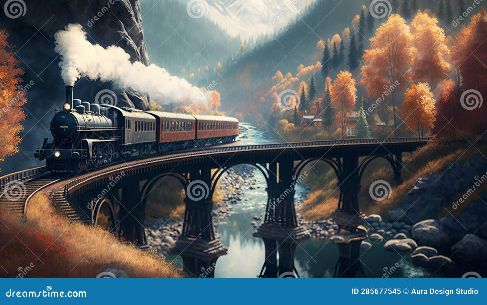 Steam Train on the Bridge of Mountainous Area. Stock Image - Image of ...
