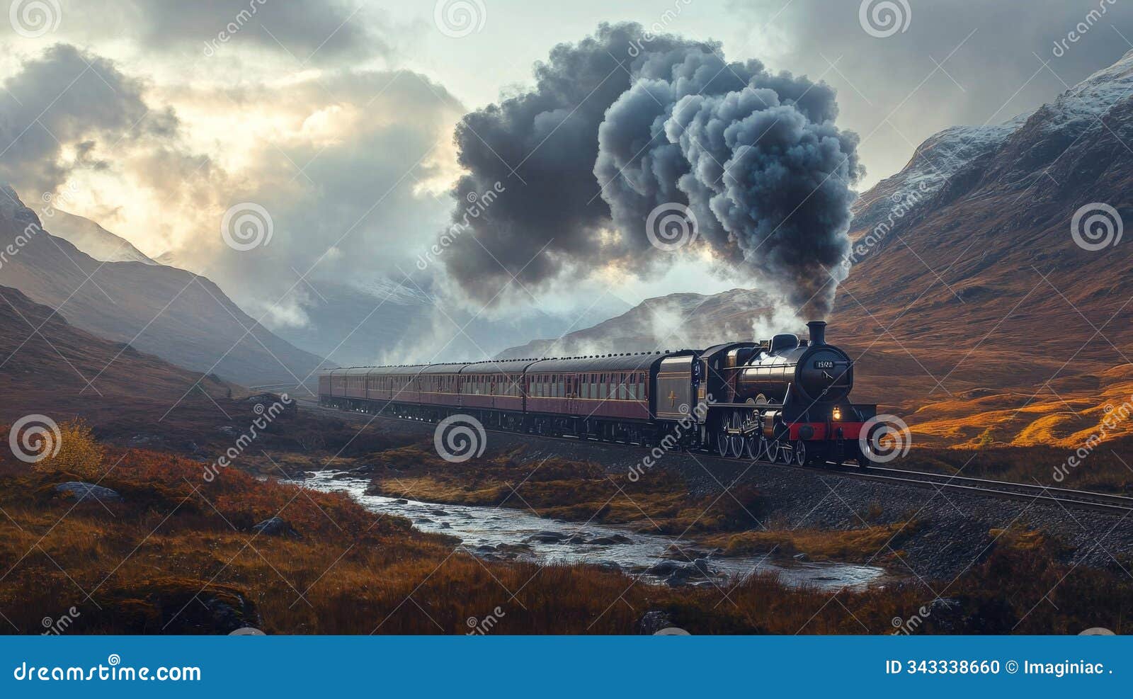 Steam Train Chugging through Scottish Highlands Landscape Stock ...