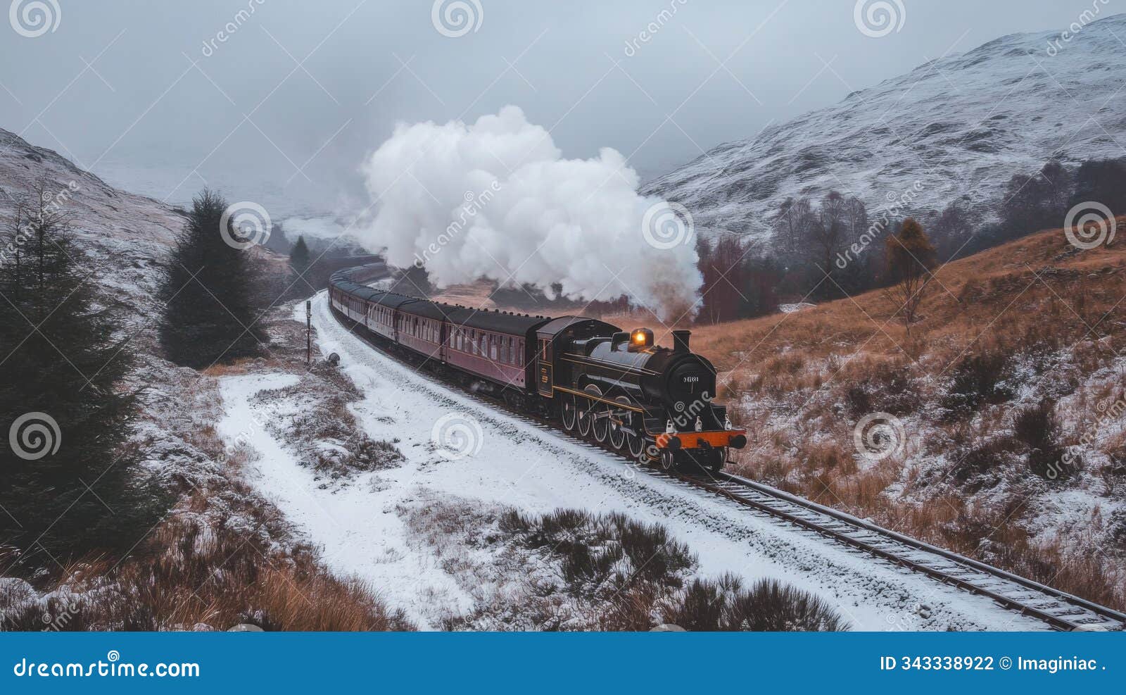 Steam Train Chugging through a Snowy Mountain Pass Stock Illustration ...