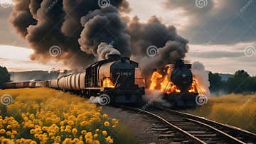 Steam Train in the Fire, a Burning Cargo Train on Fire, Exploding ...