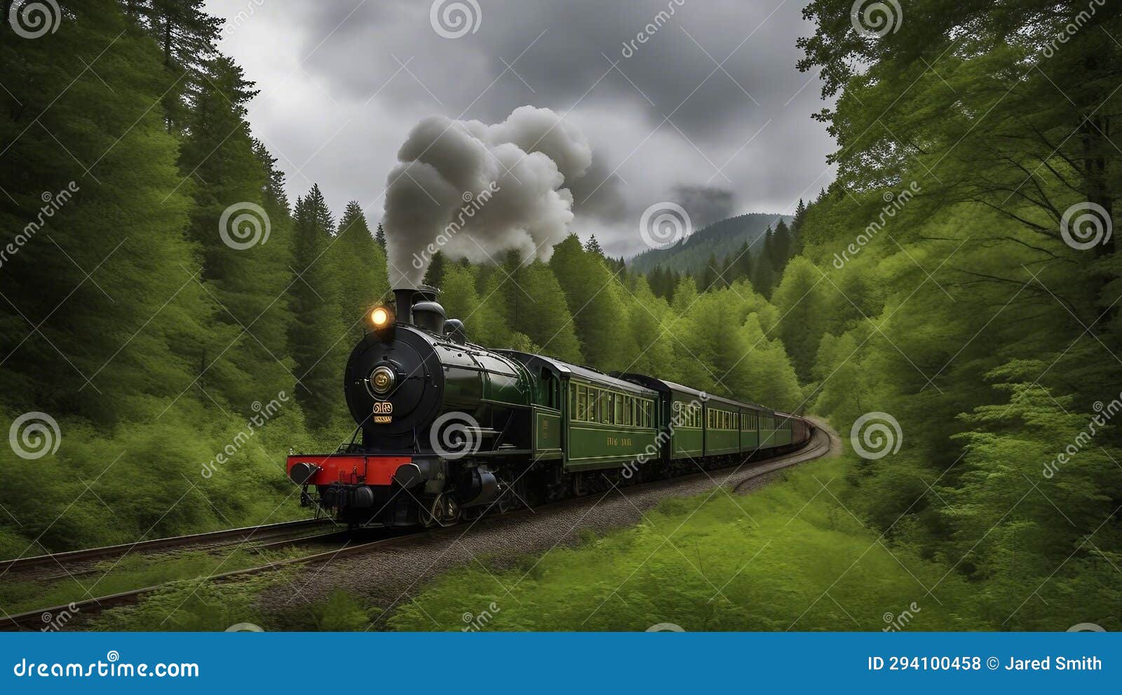 Steam Train in the Forest _A Classic Train with a Green Coach, Passing ...
