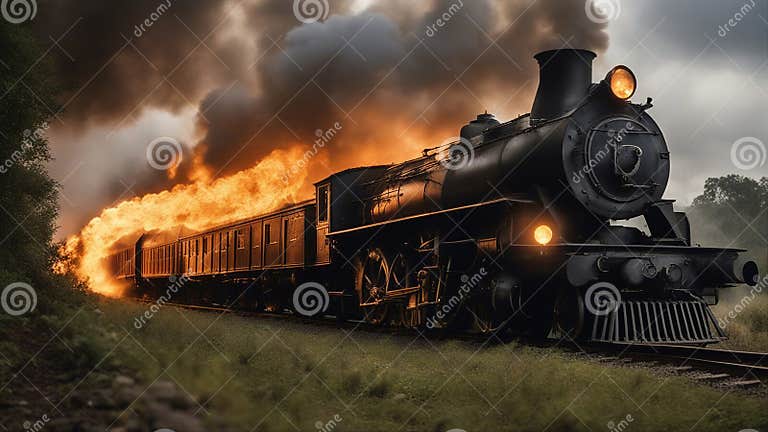 Steam Train in the Forest an on-fire Steam Train Burning and Exploding ...
