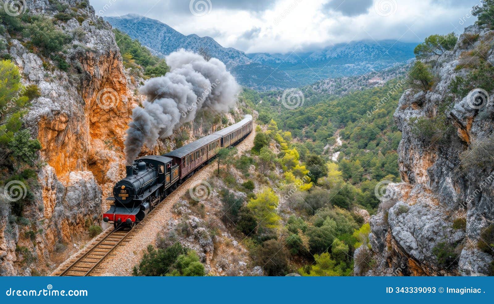 Steam Train Journey through Rugged Mountain Pass Stock Illustration ...