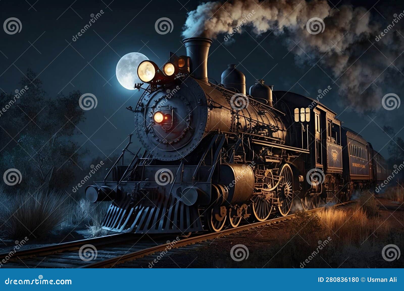 Steam train at night. AI stock illustration. Illustration of transport ...