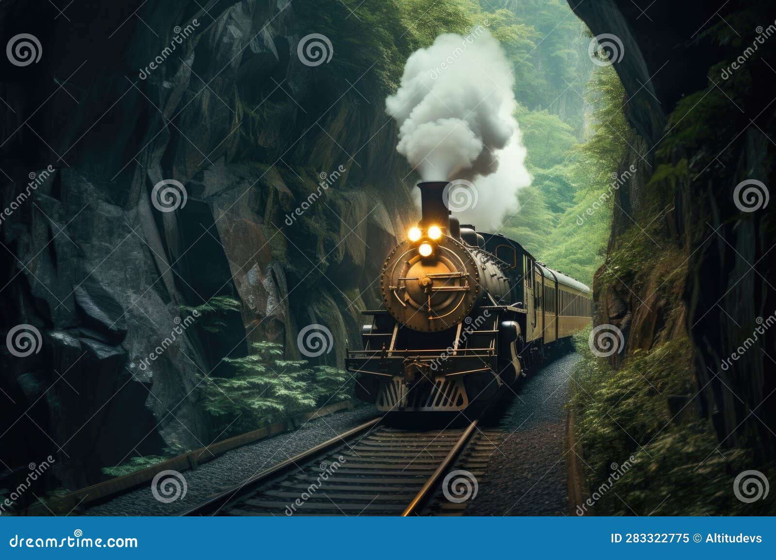 Steam Train Passing through a Mountain Tunnel, Smoke Trailing Stock ...