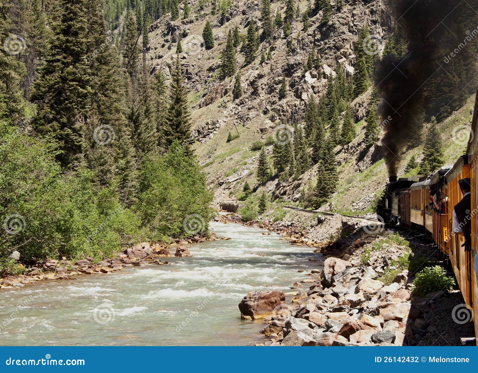 Steam train by river stock photo. Image of historic, narrow - 26142432