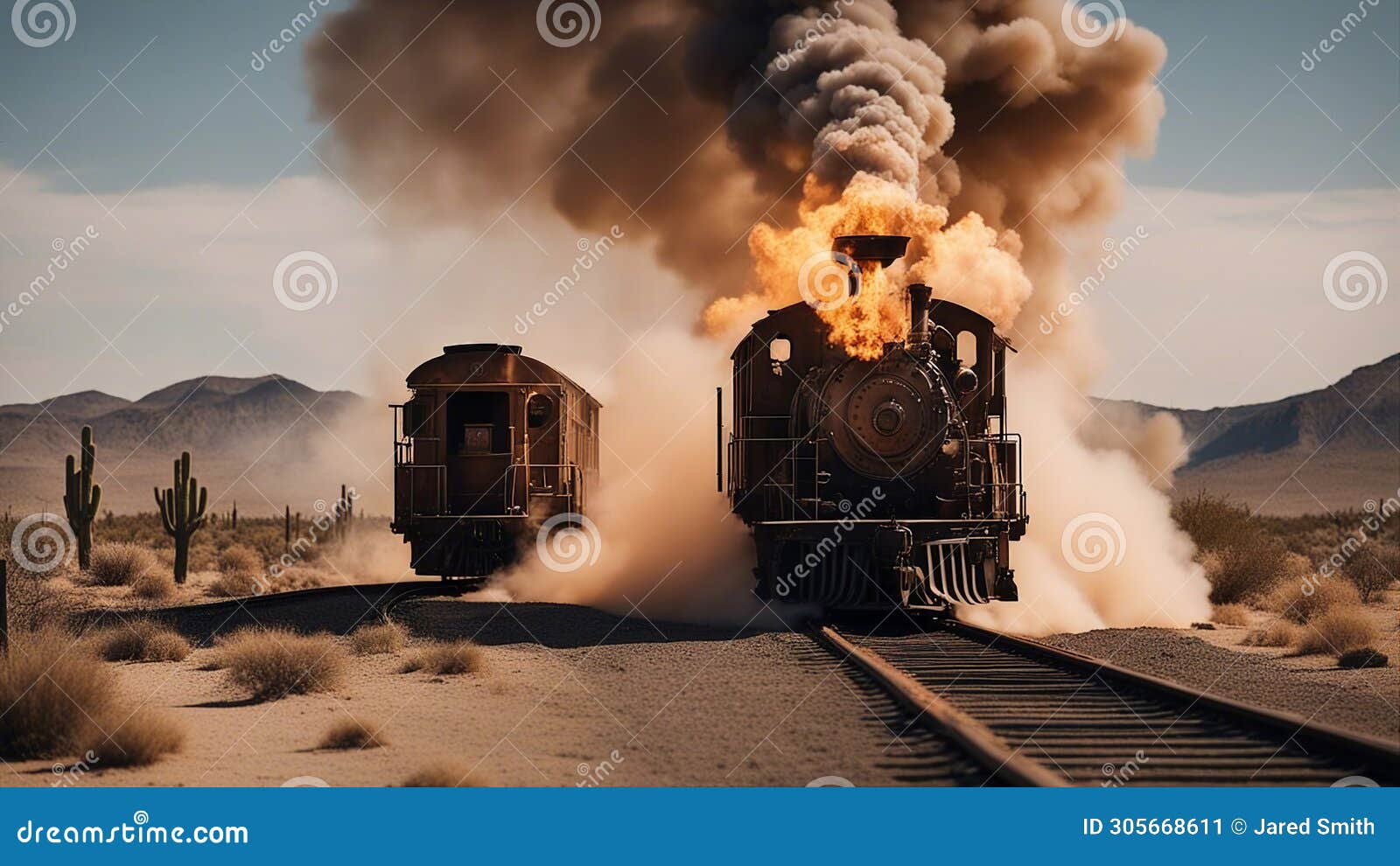 Steam Train With Smoke Exploding Old Western Train On Fire, Flames ...