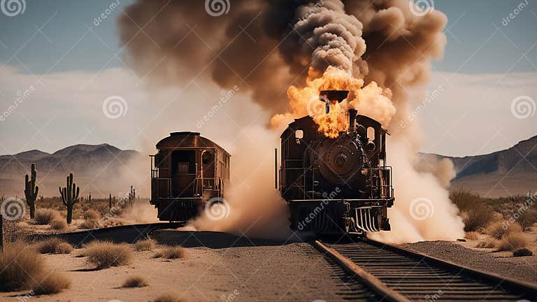 Steam Train with Smoke Exploding Old Western Train on Fire, Flames ...