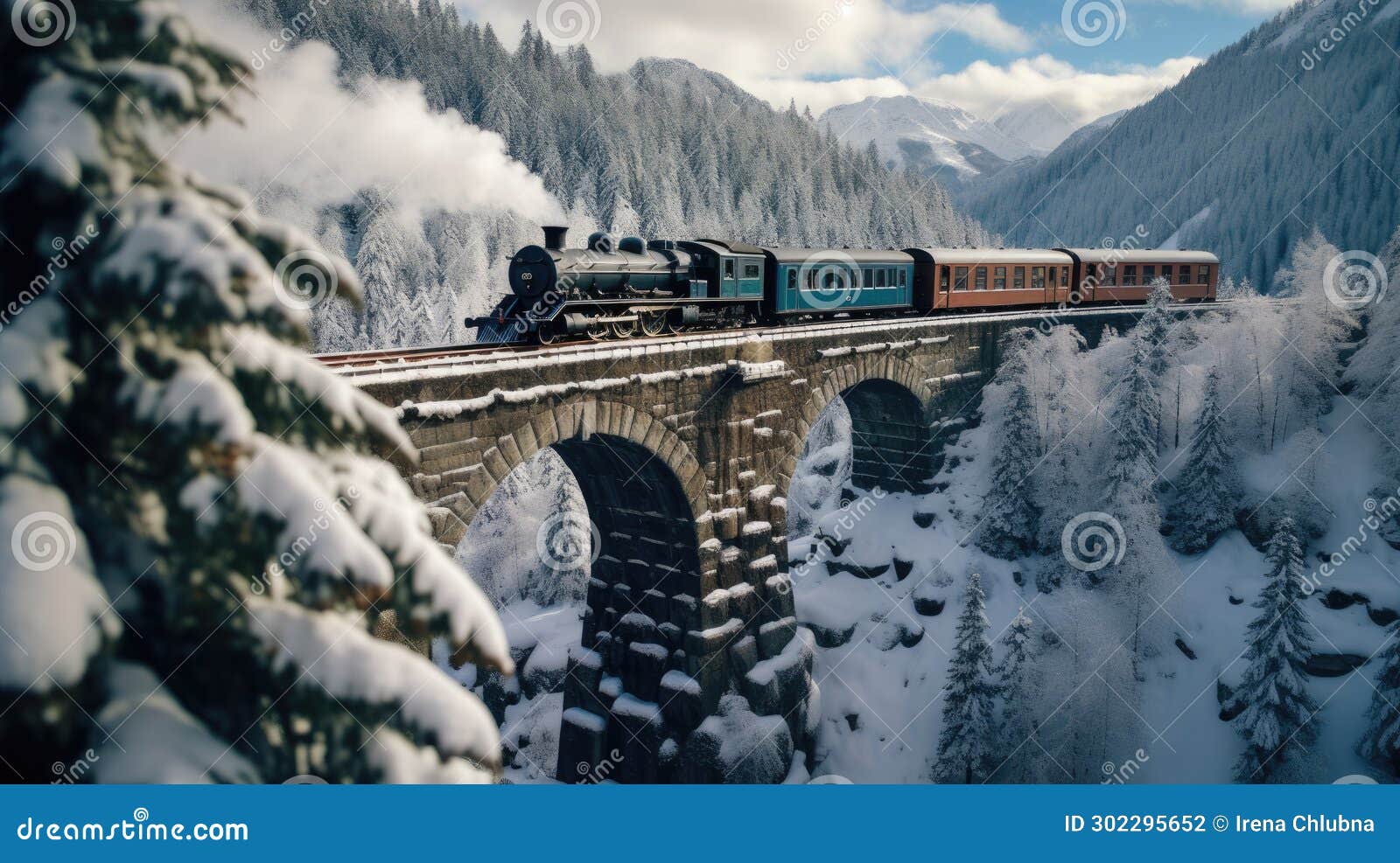 Steam Train on a Stone Bridge in the Snowy Mountains Stock Illustration ...