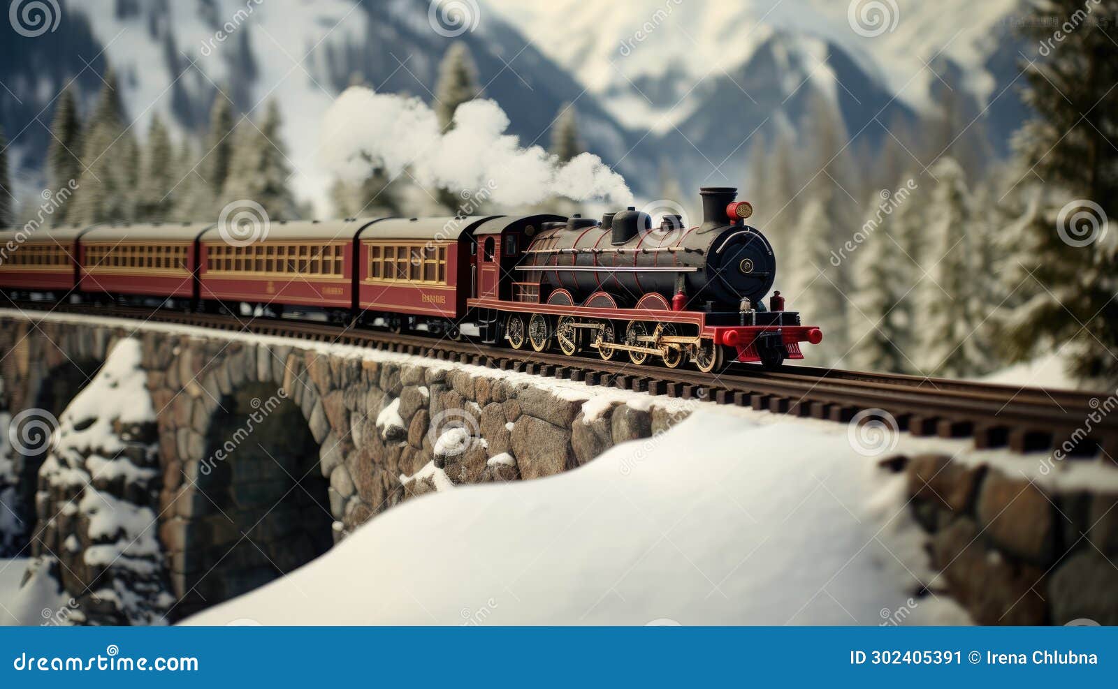 Steam Train on a Stone Bridge in the Snowy Mountains Stock Illustration ...