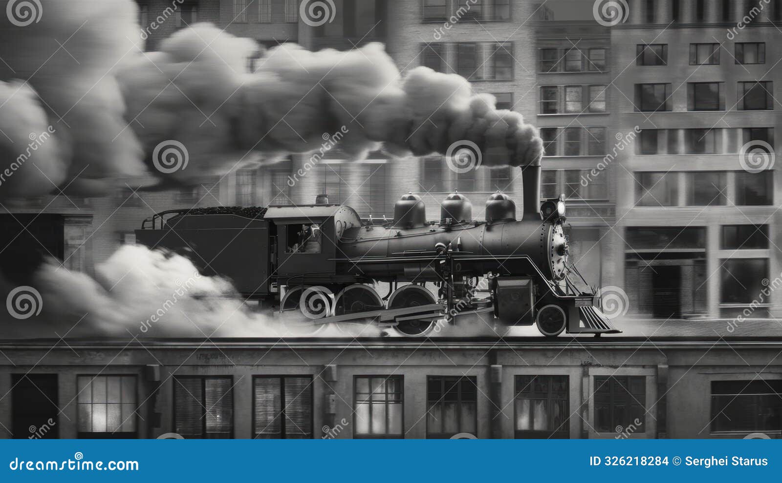 A Steam Train is Traveling Down a Track in Front of Buildings, AI Stock ...