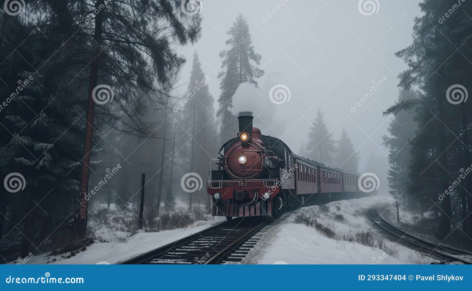 Steam Train in Winter Forest, Christmas Concept. Stock Illustration ...