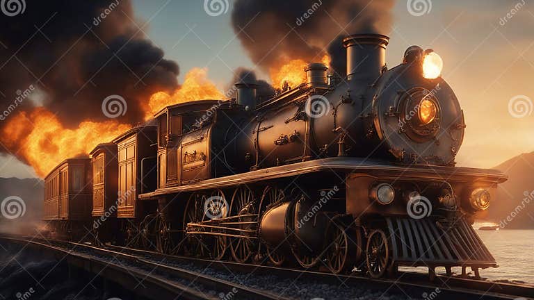 Steam Train in the Woods Burning, Steampunk Train Exploding on Fire ...