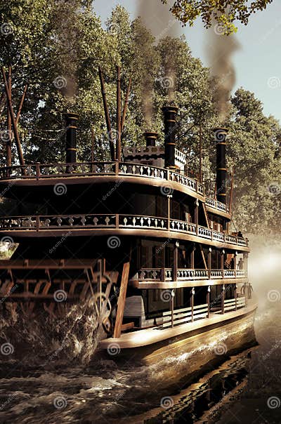 Steamboat on river stock illustration. Illustration of mill - 59538417