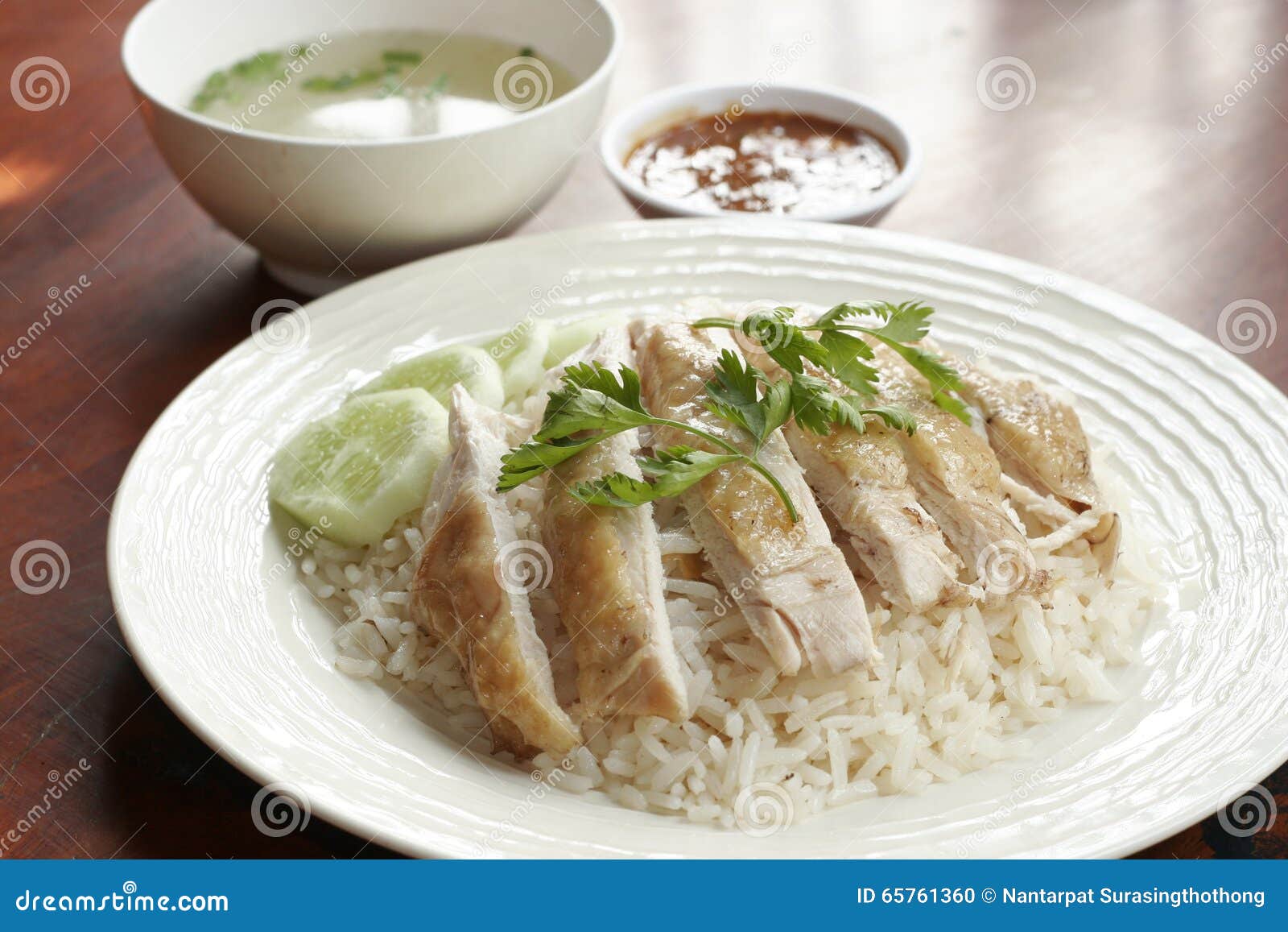 Steamed Chicken with Rice, Soup, and Spicy Sauce Stock Photo - Image of ...